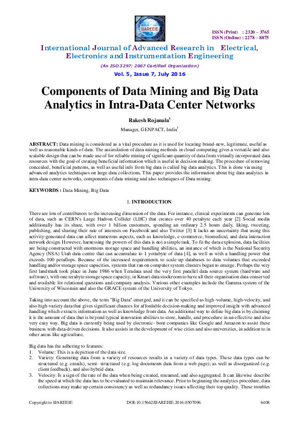 (PDF) Components of Data Mining and Big Data Analytics in Intra-Data Center Networks