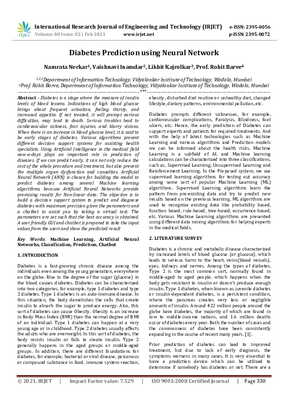 (PDF) IRJET- Diabetes Prediction using Neural Network