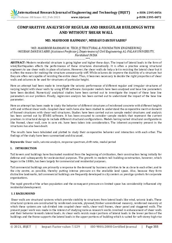 (PDF) IRJET- COMPARATIVE ANALYSIS OF REGULAR AND IRREGULAR BUILDINGS WITH AND WITHOUT SHEAR WALL