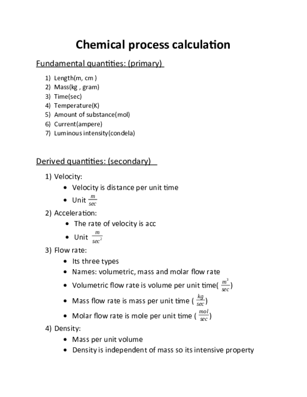 (DOC) Chemical process calculation Fundamental quantities: (primary