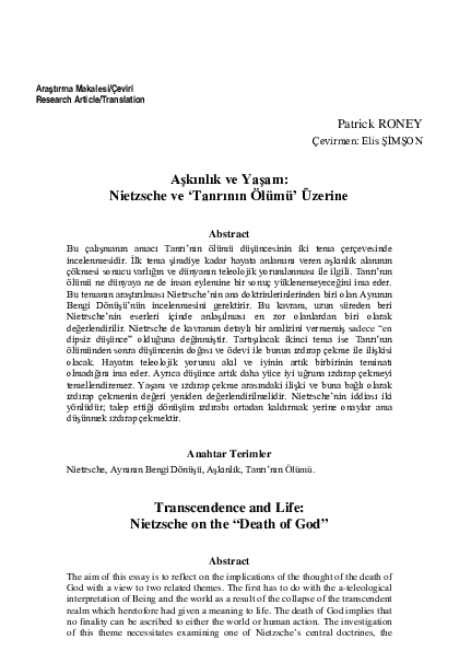 (PDF) Aşkınlık ve Yaşam: Nietzsche ve 'Tanrının Ölümü' Üzerine ...