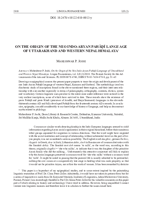 (PDF) PAHARI SPEAKING PEOPLE IN INDIA -On the origin of indo aryan ...