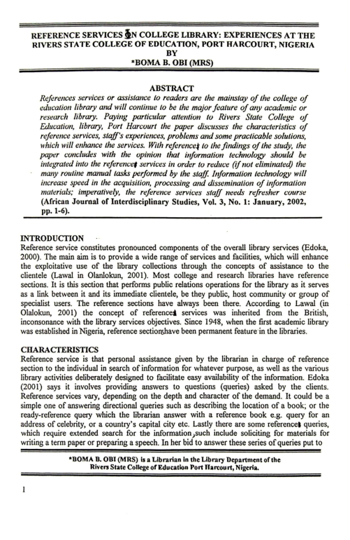 (PDF) REFERENCE SERVICES IN COLLEGE LIBRARY: EXPERIENCES AT THE RIVERS ...