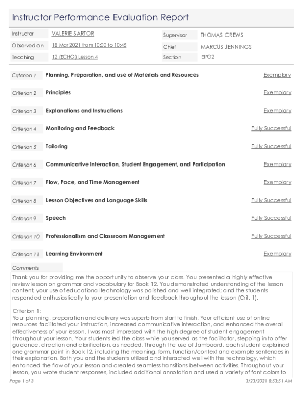 (PDF) Instructor Performance Evaluation Report Teaching Instructor ...