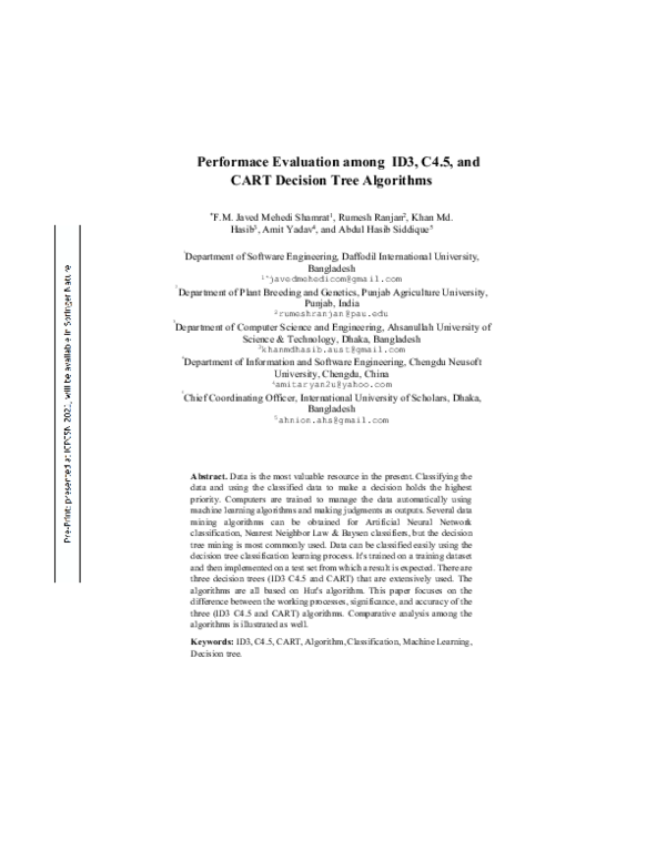 (PDF) Performace Evaluation among ID3, C4.5, and CART Decision Tree Algorithms
