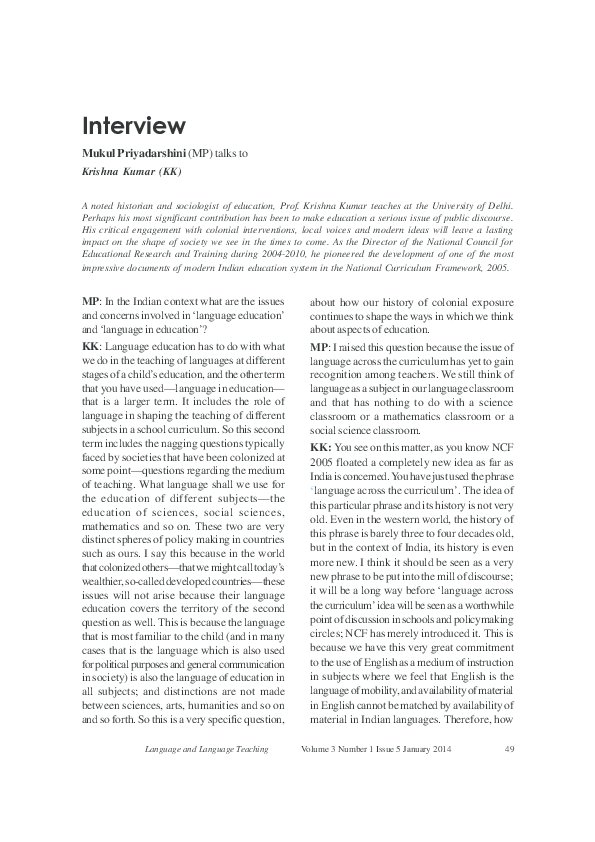 (PDF) Face to Face with Prof. Krishna Kumar