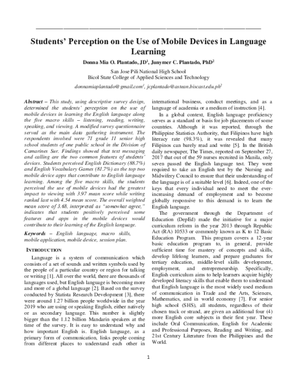 (PDF) Students' Perception on the Use of Mobile Devices in Language ...