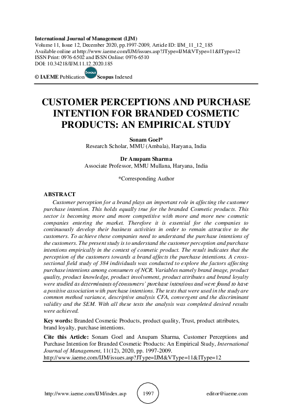 (PDF) CUSTOMER PERCEPTIONS AND PURCHASE INTENTION FOR BRANDED COSMETIC ...