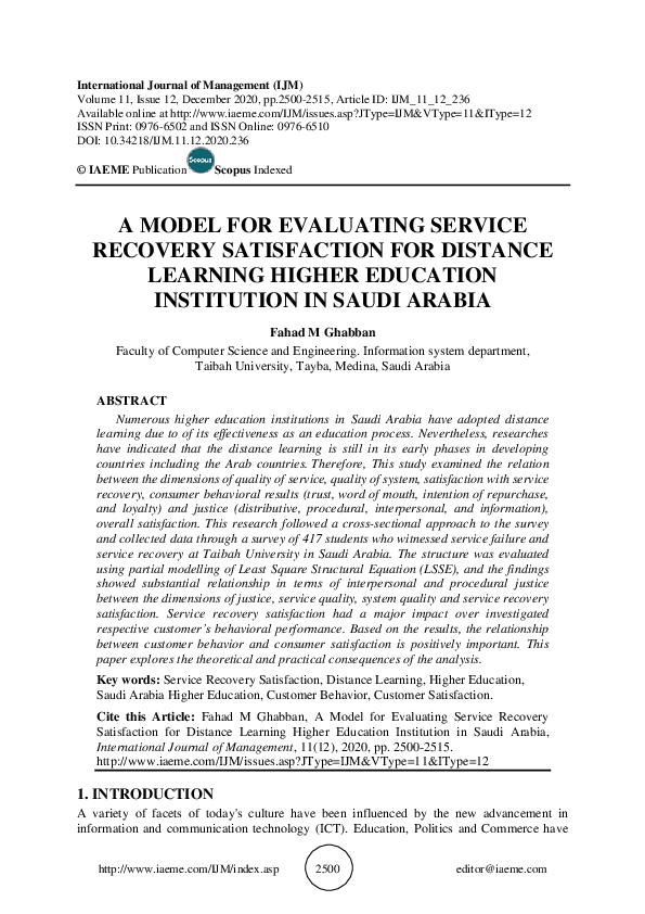 (PDF) A MODEL FOR EVALUATING SERVICE RECOVERY SATISFACTION FOR DISTANCE ...