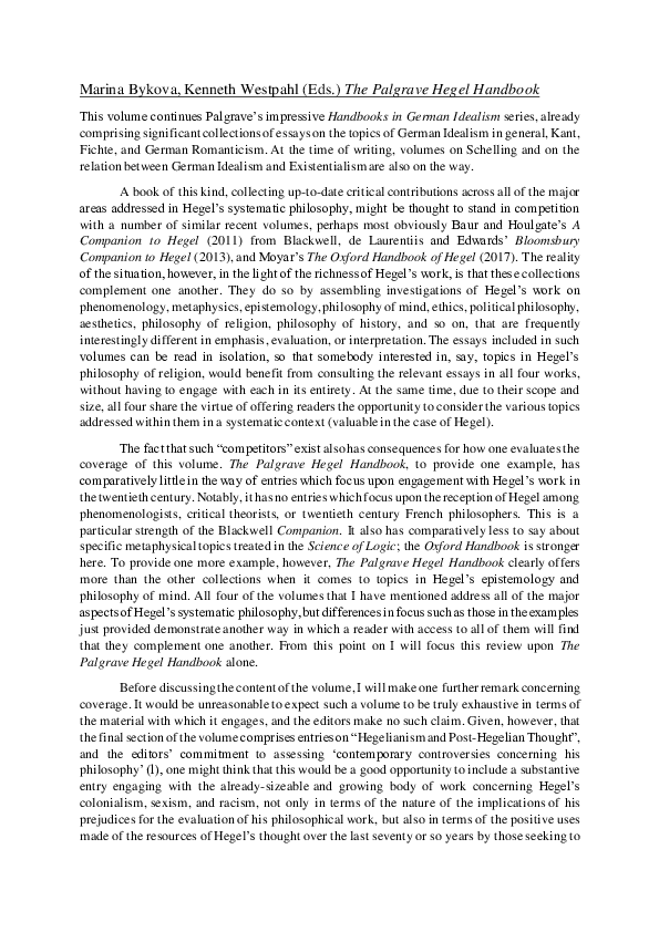 (PDF) Marina Bykova, Kenneth Westphal (Eds.): The Palgrave Hegel Handbook