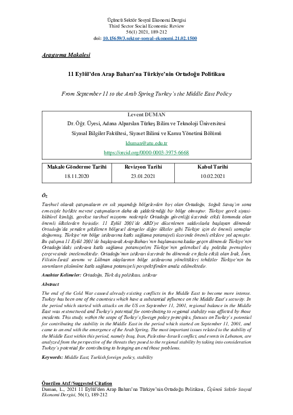 (PDF) 11 Eylül’den Arap Baharı’na Türkiye’nin Ortadoğu Politikası (From ...