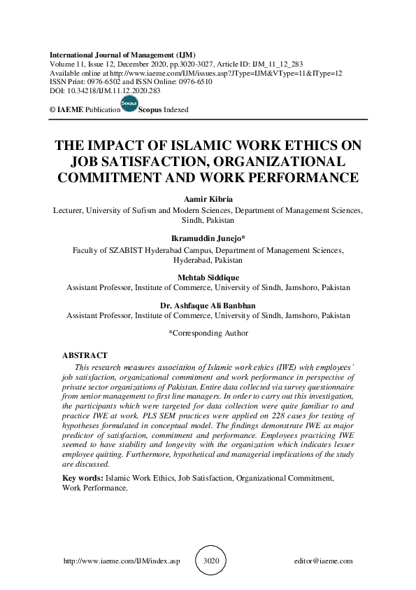 (PDF) THE IMPACT OF ISLAMIC WORK ETHICS ON JOB SATISFACTION ...