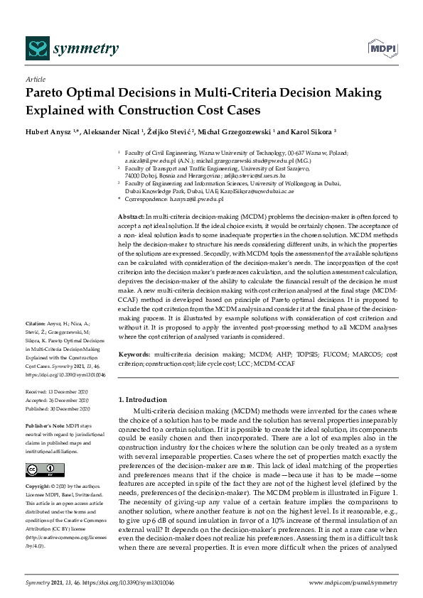 (PDF) Pareto Optimal Decisions in Multi-Criteria Decision Making Explained with Construction ...