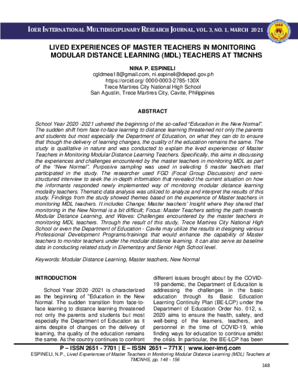 (PDF) Lived Experiences of Master Teachers in Monitoring Modular ...