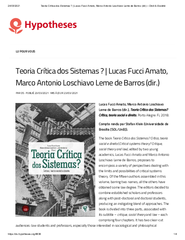 (PDF) BOOK REVIEW Critical systems theory? Critique, social theory and law