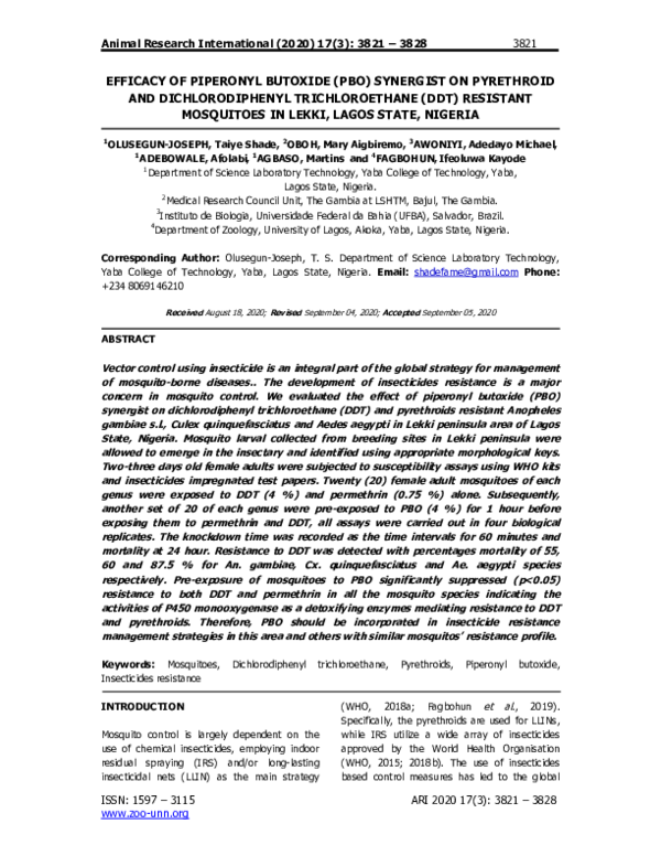 (PDF) EFFICACY OF PIPERONYL BUTOXIDE (PBO) SYNERGIST ON PYRETHROID AND DICHLORODIPHENYL ...