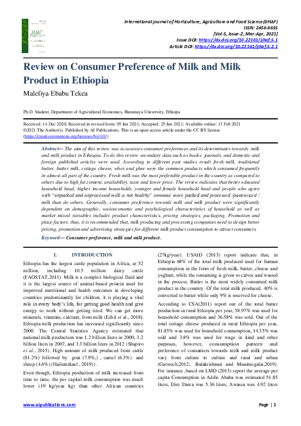 (PDF) Review on Consumer Preference of Milk and Milk Product in Ethiopia