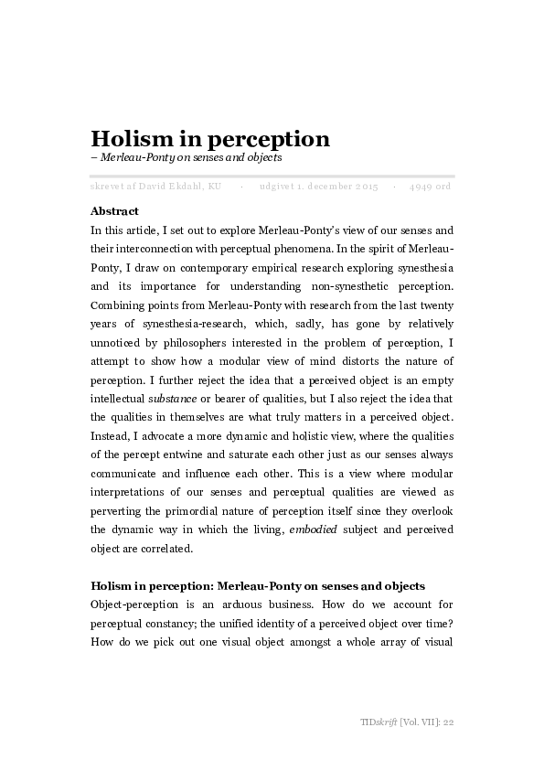 (PDF) Holism in perception - Merleau-Ponty on senses and objects