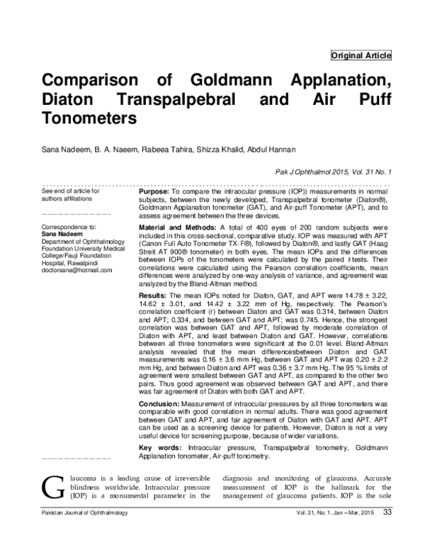 (PDF) Comparison of Goldmann Applanation, Diaton Transpalpebral and Air ...