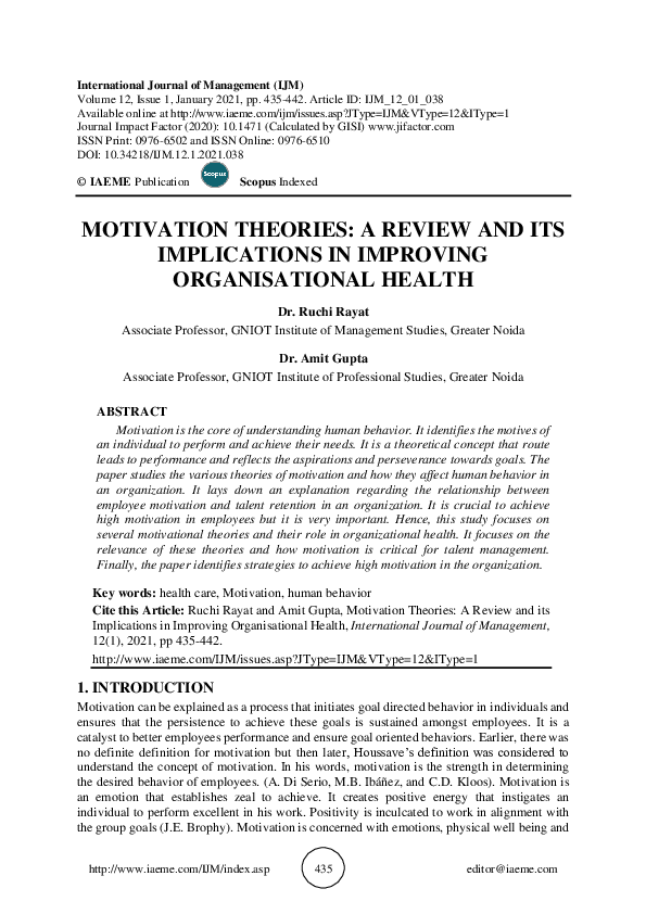 (PDF) MOTIVATION THEORIES: A REVIEW AND ITS IMPLICATIONS IN IMPROVING ...