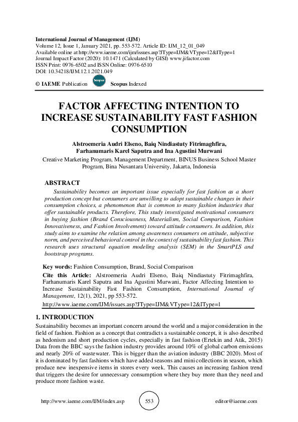 (PDF) FACTOR AFFECTING INTENTION TO INCREASE SUSTAINABILITY FAST ...