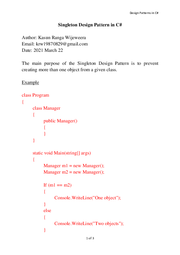 (PDF) Singleton Design Pattern in C#