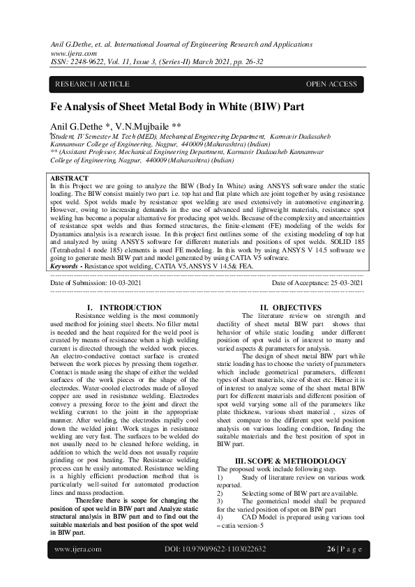 (PDF) Fe Analysis of Sheet Metal Body in White (BIW) Part