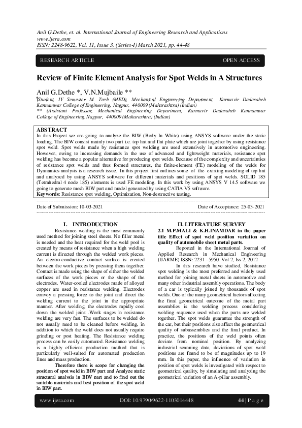 (PDF) Review of Finite Element Analysis for Spot Welds in A Structures
