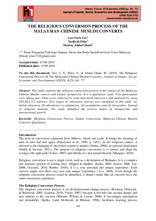 THE RELIGIOUS CONVERSION PROCESS OF THE MALAYSIAN CHINESE MUSLIM CONVERTS