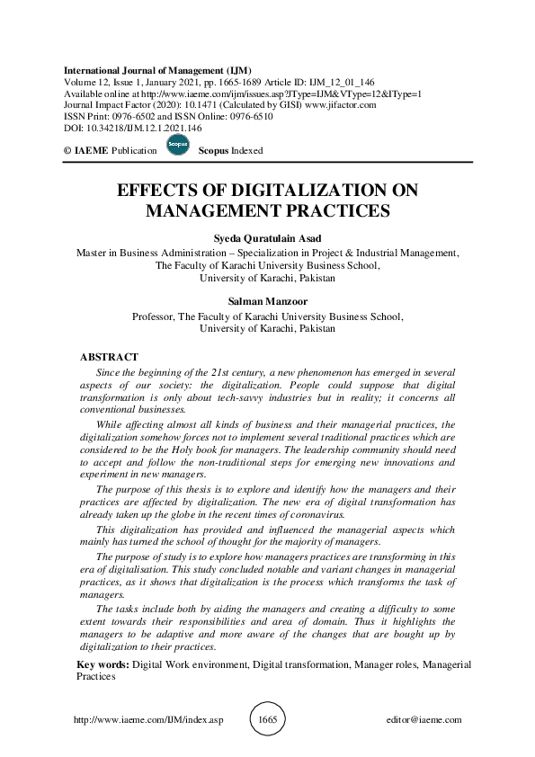 (PDF) EFFECTS OF DIGITALIZATION ON MANAGEMENT PRACTICES