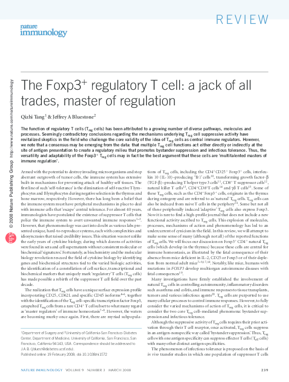 (PDF) The Foxp3+ regulatory T cell: a jack of all trades, master of ...