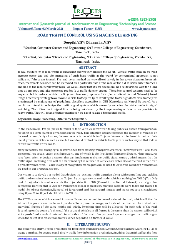 (PDF) ROAD TRAFFIC CONTROL USING MACHINE LEARNING