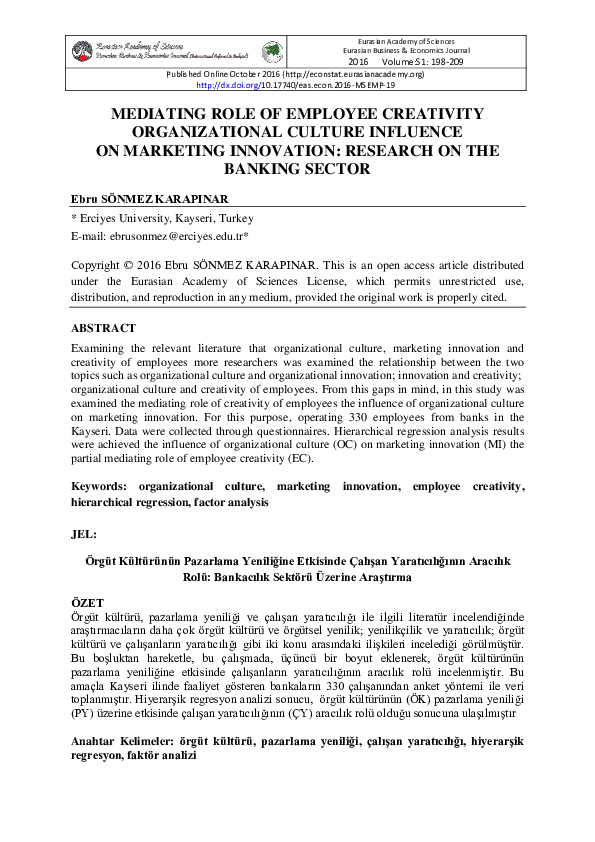 (PDF) MEDIATING ROLE OF EMPLOYEE CREATIVITY ORGANIZATIONAL CULTURE INFLUENCE ON MARKETING ...