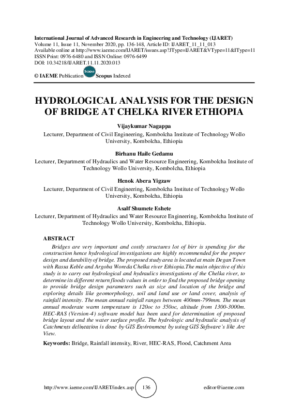 (PDF) HYDROLOGICAL ANALYSIS FOR THE DESIGN OF BRIDGE AT CHELKA RIVER ...