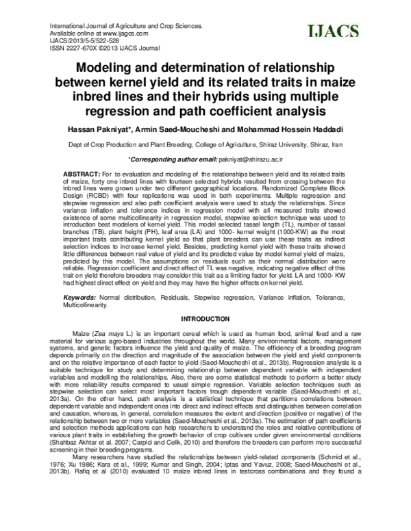 Pdf Modeling And Determination Of Relationship Between Kernel Yield And Its Related Traits In