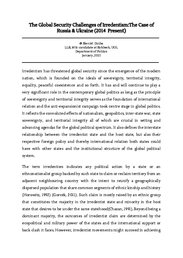 (PDF) The Global Security Challenges of Irredentism:The Case of Russia ...