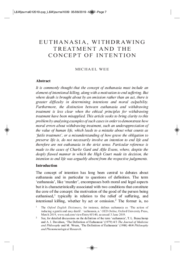 (PDF) Euthanasia, Withdrawing Treatment and the Concept of Intention