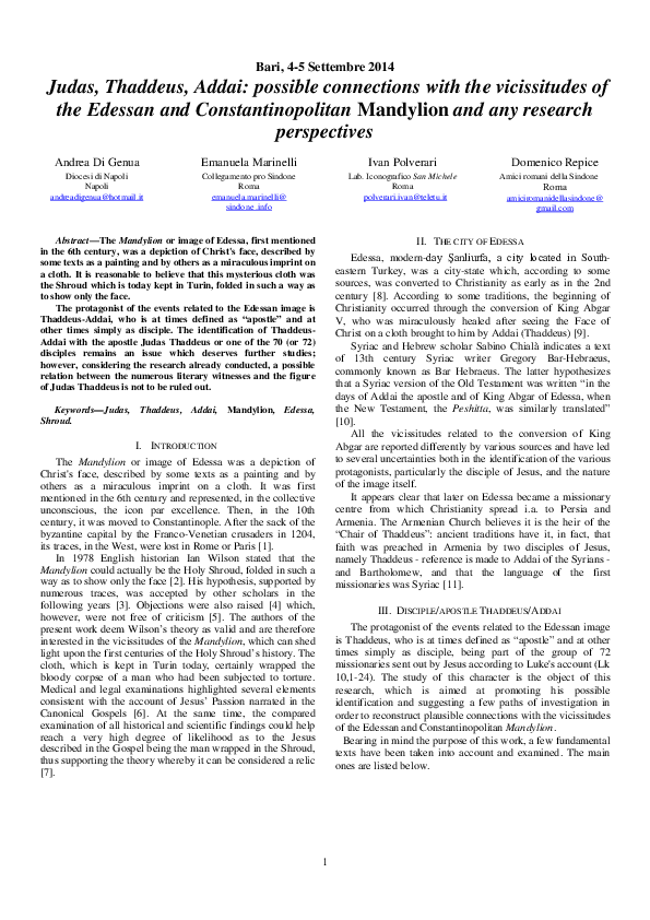 (PDF) Judas, Thaddeus, Addai: possible connections with the ...