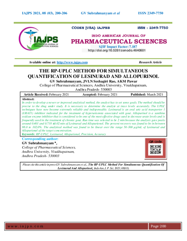 (PDF) THE RP-UPLC METHOD FOR SIMULTANEOUS QUANTIFICATION OF LESINURAD AND ALLOPURINOL