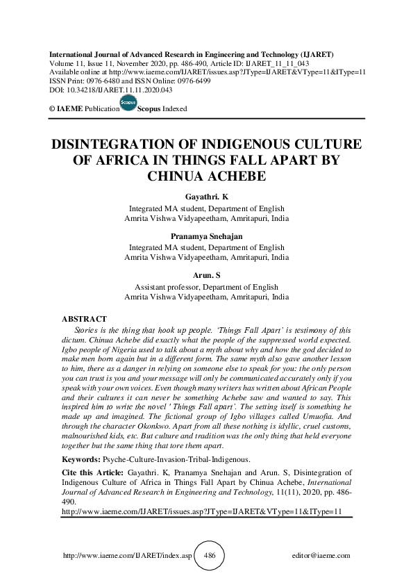 (PDF) DISINTEGRATION OF INDIGENOUS CULTURE OF AFRICA IN THINGS FALL ...