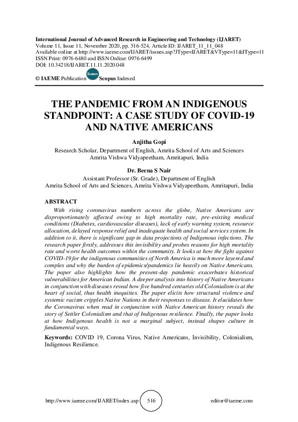 (PDF) THE PANDEMIC FROM AN INDIGENOUS STANDPOINT: A CASE STUDY OF COVID ...