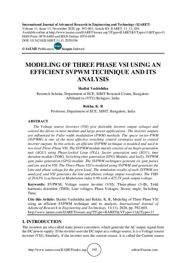 Pdf Modeling Of Three Phase Vsi Using An Efficient Svpwm Technique