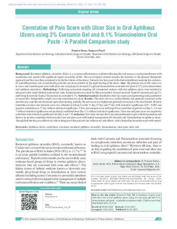 (PDF) Correlation of Pain score Ulcer size in Recurrent aphthous stomatitis using Curcumin and ...
