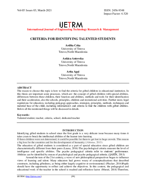 (PDF) CRITERIA FOR IDENTIFYING TALENTED STUDENTS