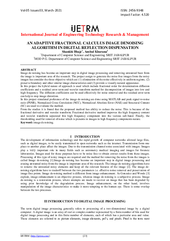 Pdf An Adaptive Fractional Calculus Image Denoising Algorithm In Digital Reflection Dispensation