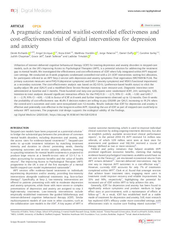 Pdf A Pragmatic Randomized Waitlist Controlled Effectiveness And Cost