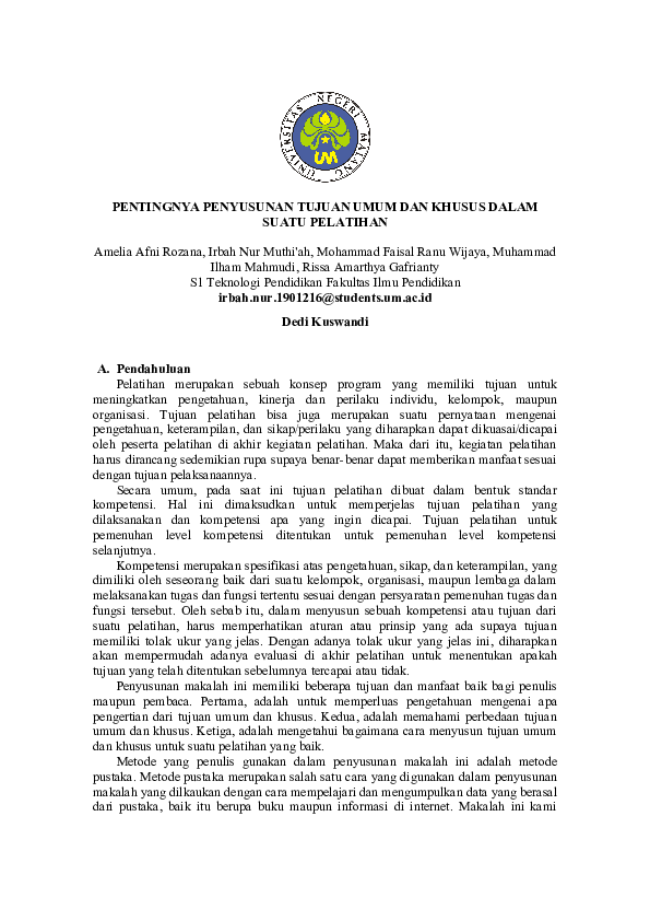 (DOC) PENTINGNYA PENYUSUNAN TUJUAN UMUM DAN KHUSUS DALAM SUATU PELATIHAN