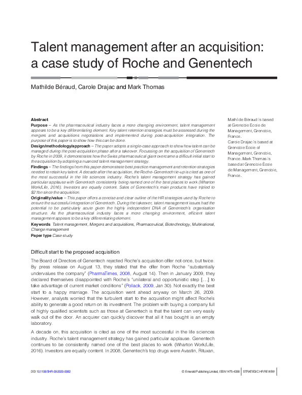 (PDF) Talent management after an acquisition: a case study of Roche and Genentech