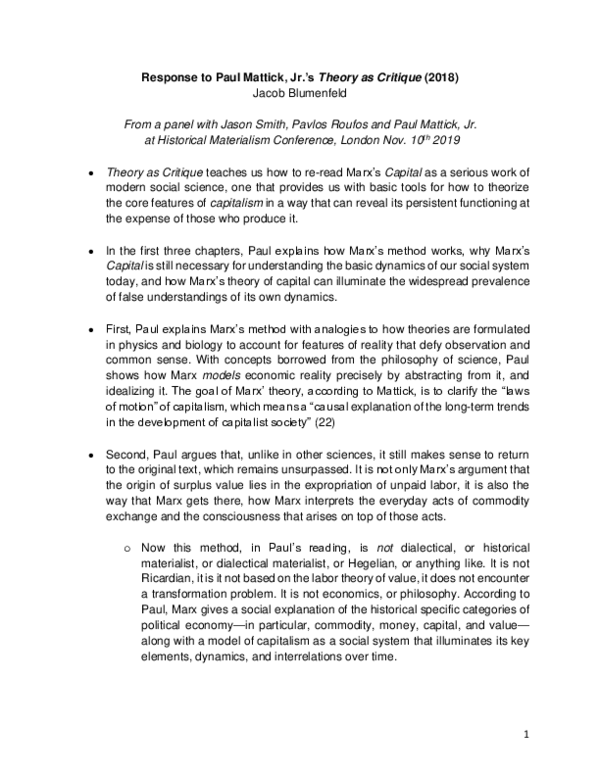 (PDF) Response to Paul Mattick, Jr.’s 'Theory as Critique'