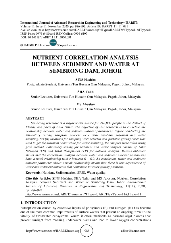 (PDF) NUTRIENT CORRELATION ANALYSIS BETWEEN SEDIMENT AND WATER AT ...